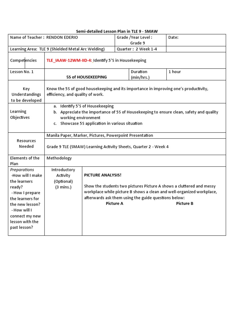 Semi-Detailed Lesson Plan in TLE 9 SMAW | PDF | Housekeeping | Lesson Plan