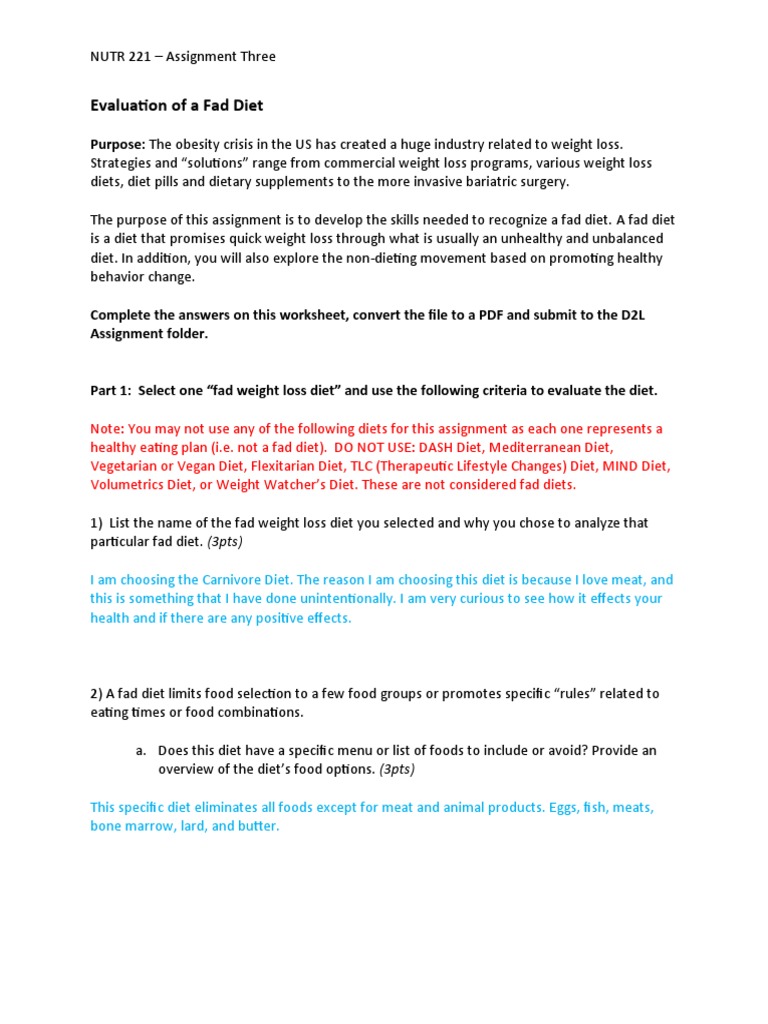 Assignment 3 - Evaluation of A Fad Diet | PDF | Dieting | Diet & Nutrition