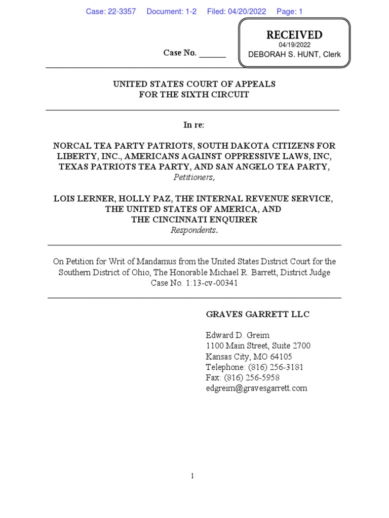 Petition For Writ of Mandamus (Lerner and Paz) .6th Circuit | PDF ...