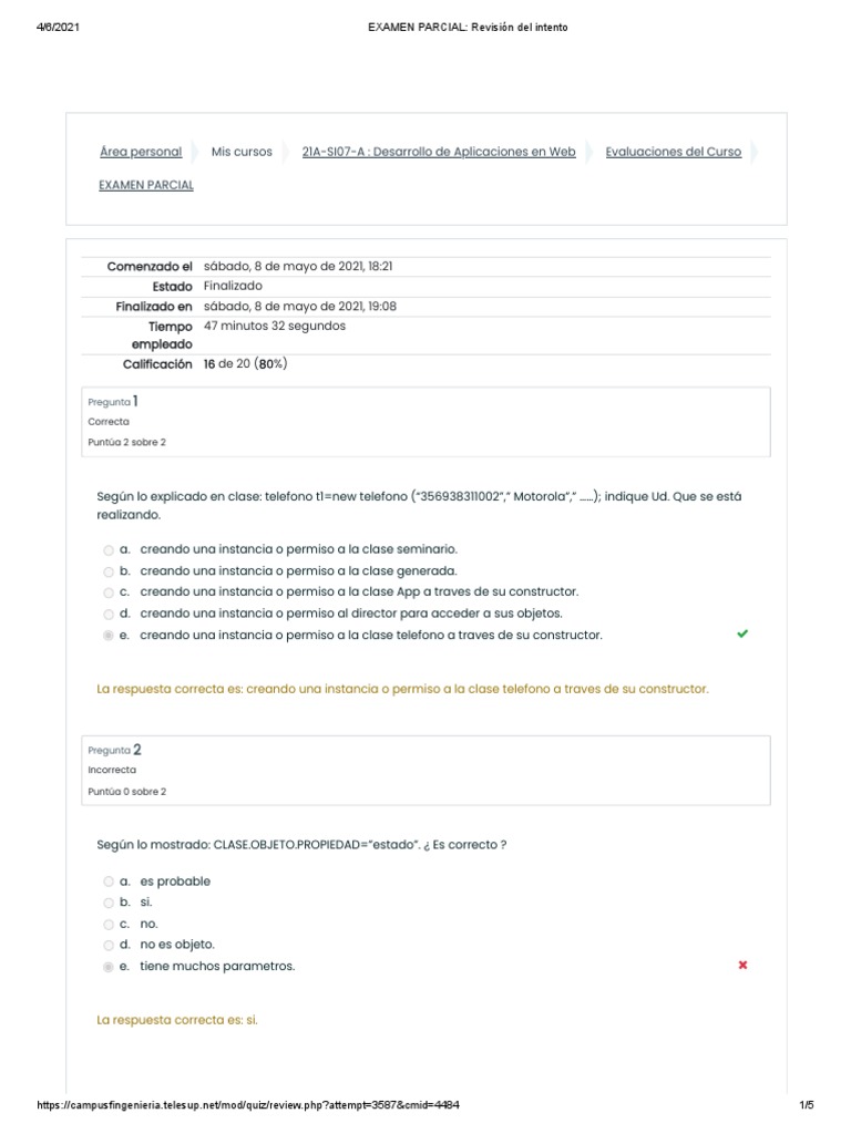 EXAMEN PARCIAL - Revisión Del Intento Desarrollo de A en | PDF | Prueba ...