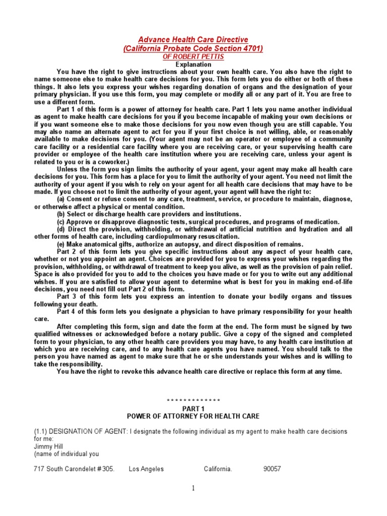 Advance Health Care Directive (California Probate Code Section 4701 ...