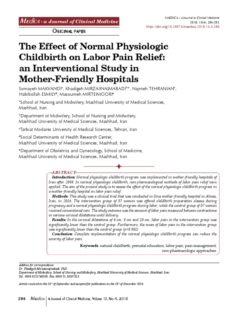 The Effect of Normal Physiologic Childbirth On Labor Pain Relief: An ...