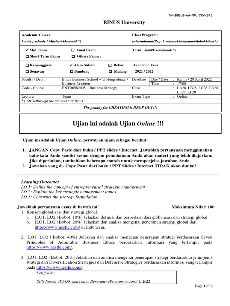 Ujian Ini Adalah Ujian Online !!!: BINUS University | PDF