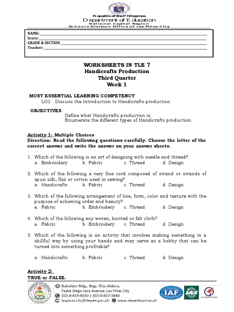 TLE 7 Worksheets Week 1 | PDF | Yarn | Textiles