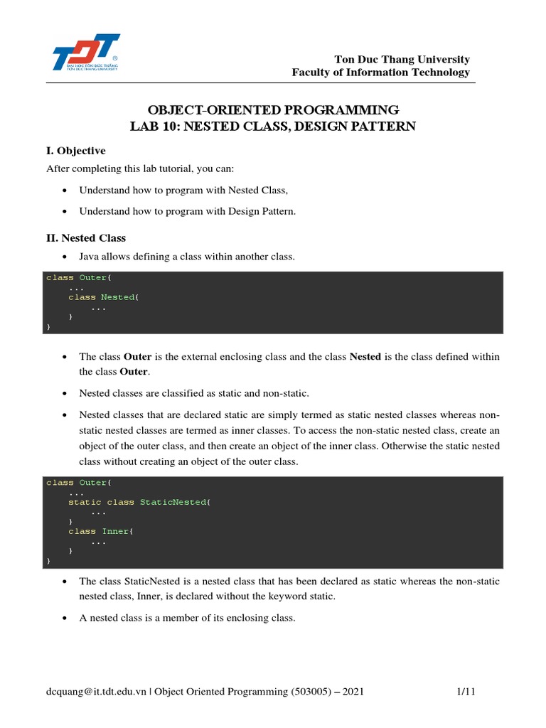 Object Oriented Programming Lab 10 Nested Class Design Pattern Pdf Class Computer