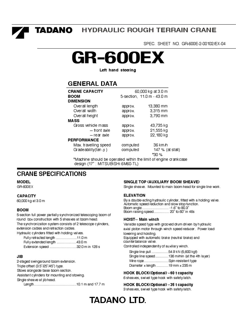 GR 600EX Specsheet | PDF | Crane (Machine) | Steering