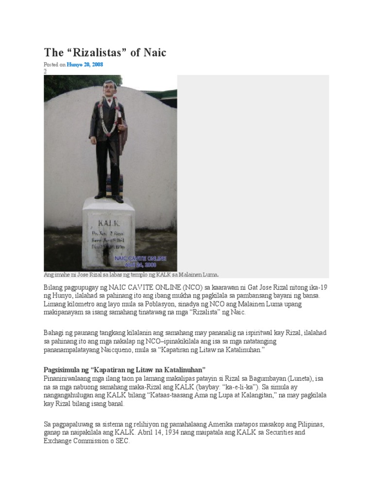 The "Rizalistas" of Naic: Hunyo 20, 2008 | PDF