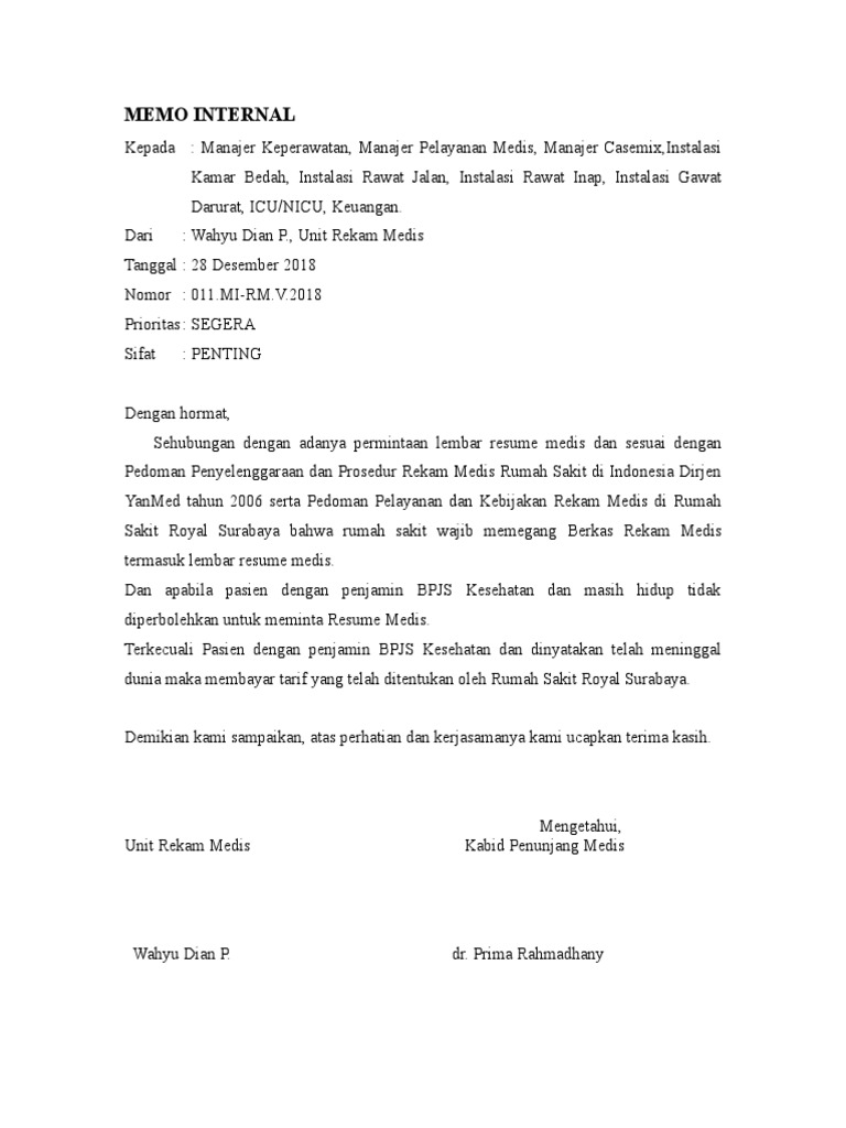 Memo Internal Resume Medis Terbaru | PDF