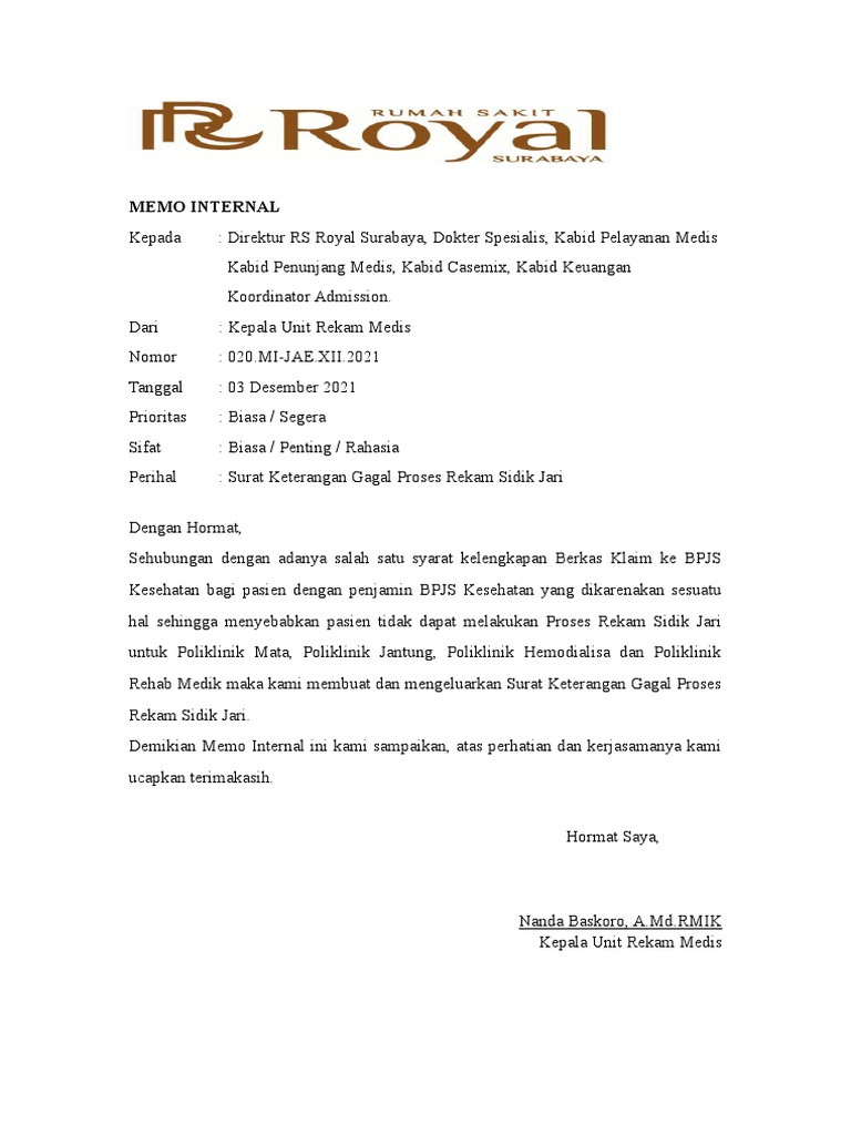 Memo Internal Surat Ket Gagal Proses Sidik Jari | PDF