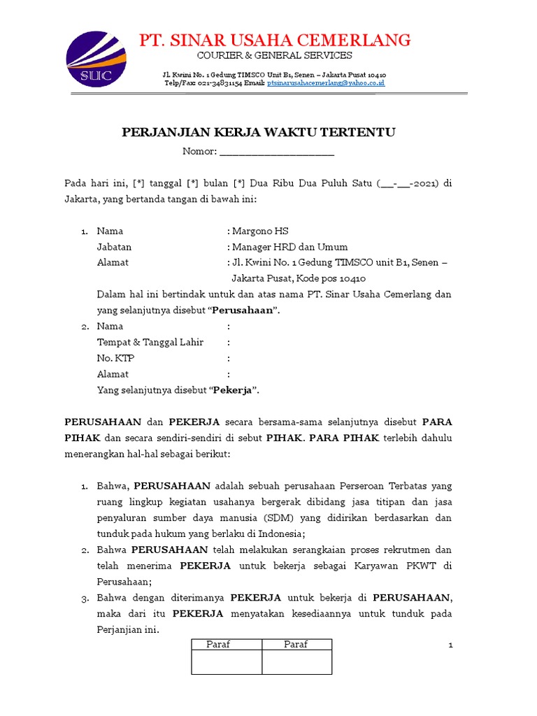 Draf Perjanjian Kerja Untuk Waktu Tertentu (PKWT) | PDF