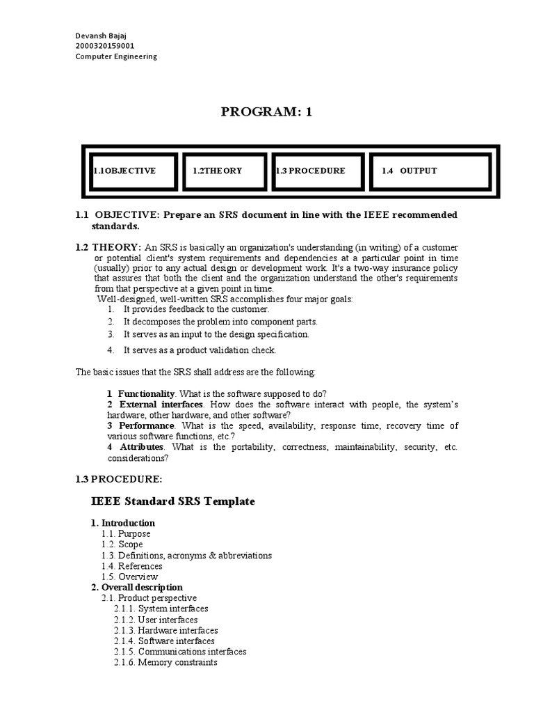 Program 1 1 1 Objective Prepare An Srs Document In Line With The