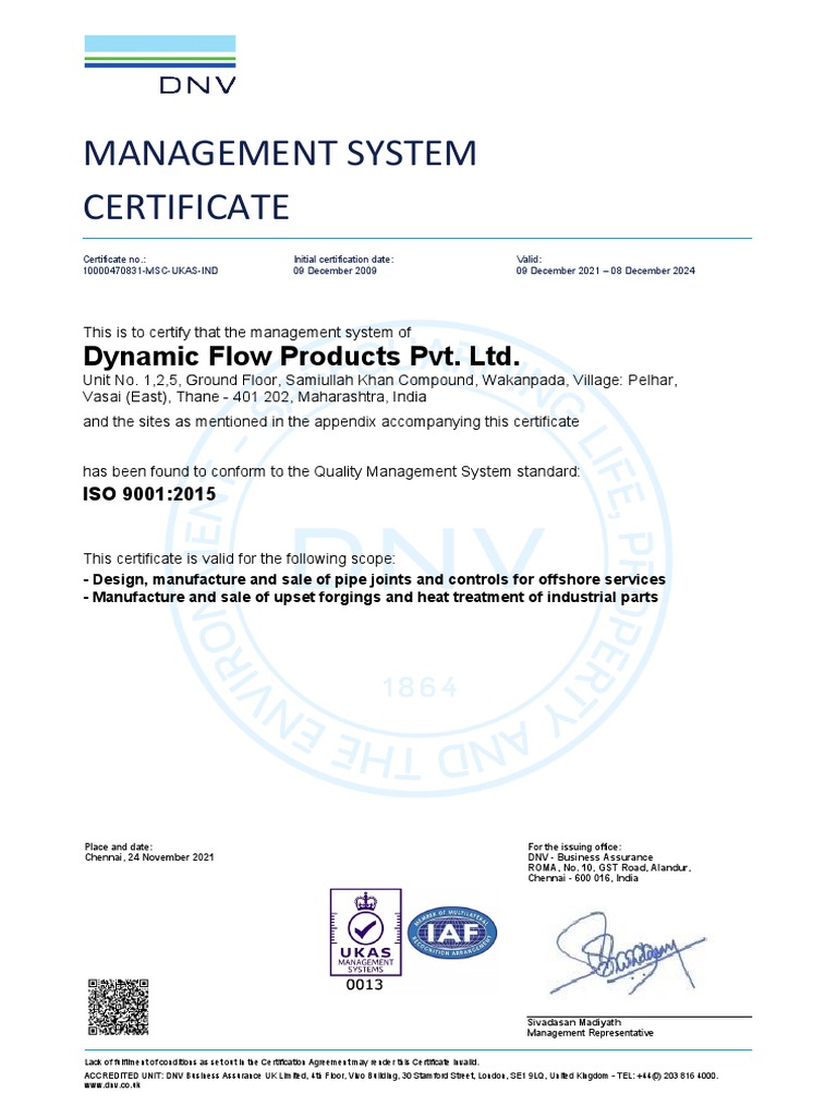 Management System Certificate: Dynamic Flow Products Pvt. LTD | PDF ...