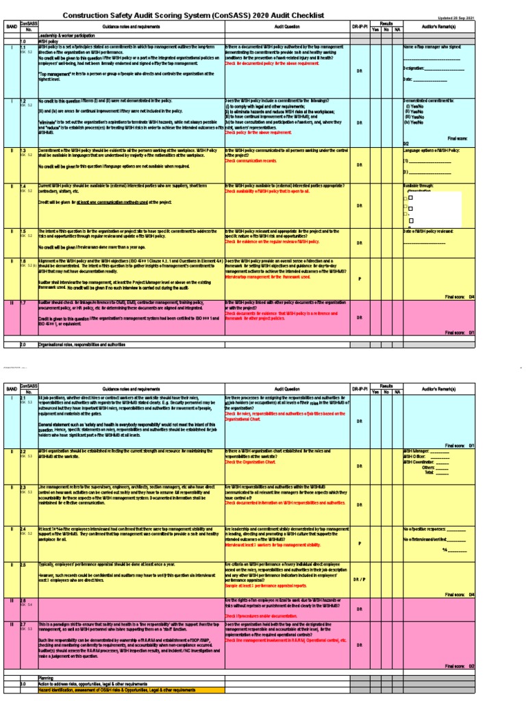 Construction Safety Audit Scoring System (Consass) 2020 Audit Checklist ...