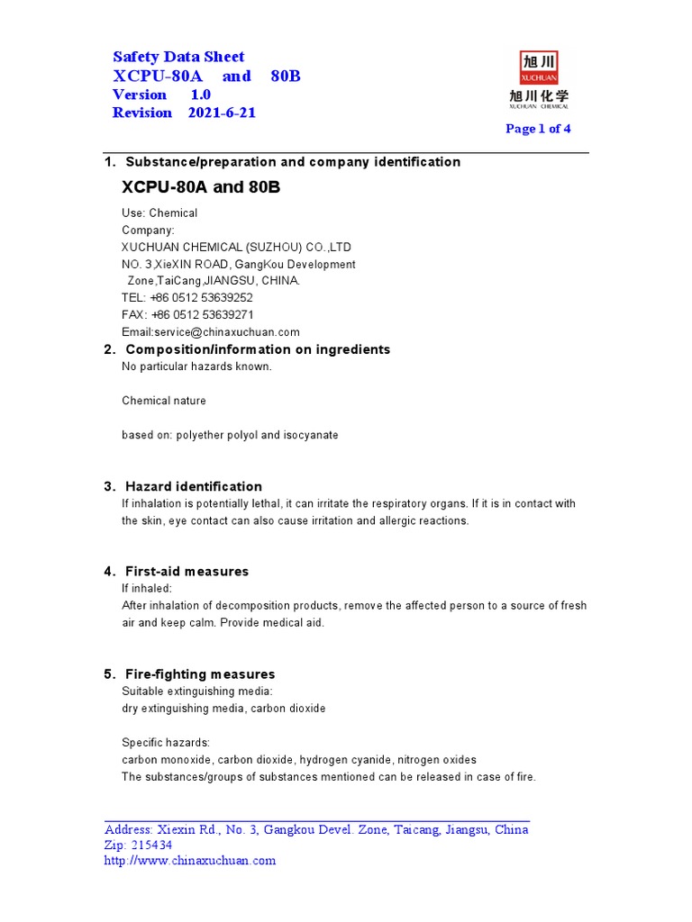 MSDS OF XCPU-80A and 80B | PDF | Carbon Dioxide | Toxicity