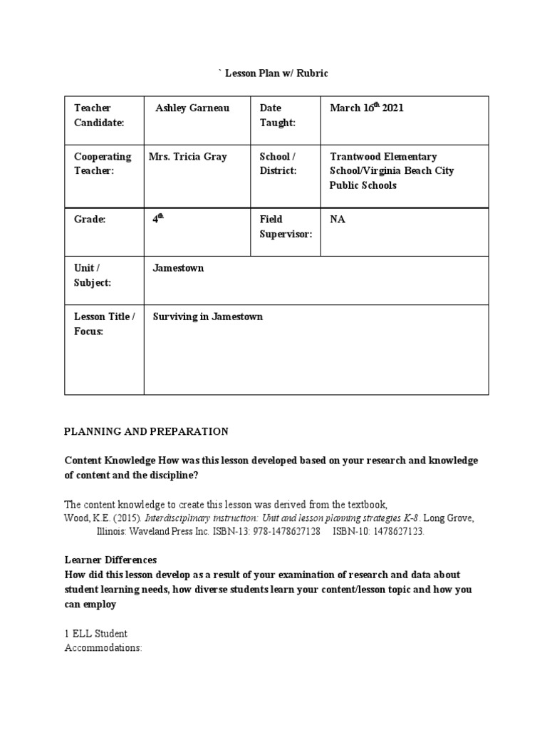 Jamestown Survival Lesson Plan | PDF | Educational Assessment | Learning