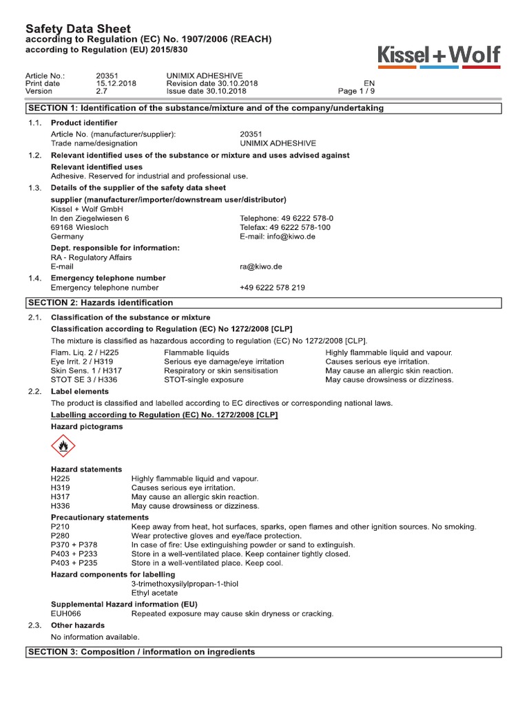 MSDS Unimix Adhesive | PDF