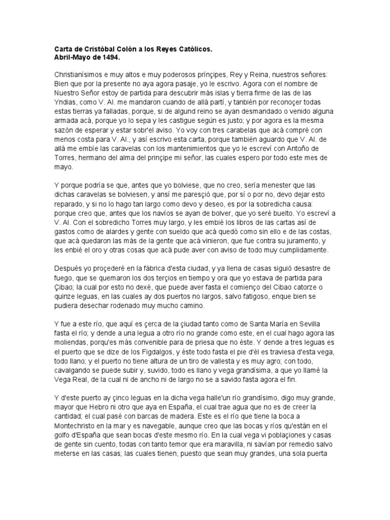 Carta de Colón a los Reyes Católicos | PDF | Cristobal colon | Naturaleza