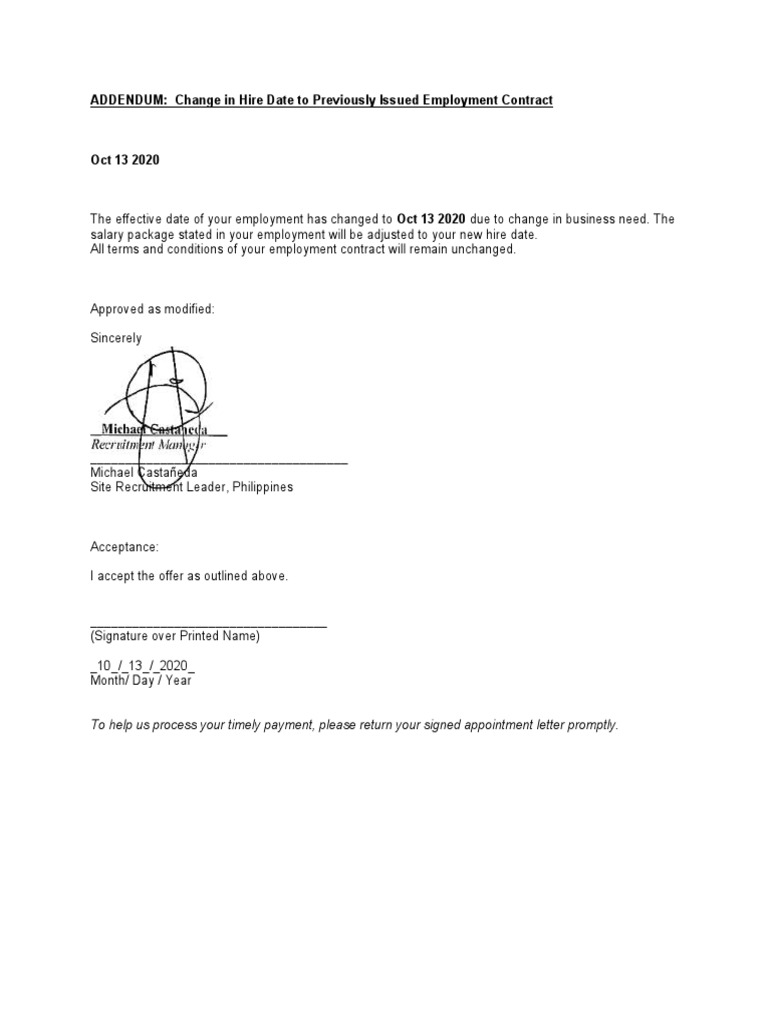 Addendum Change of Start Date | PDF