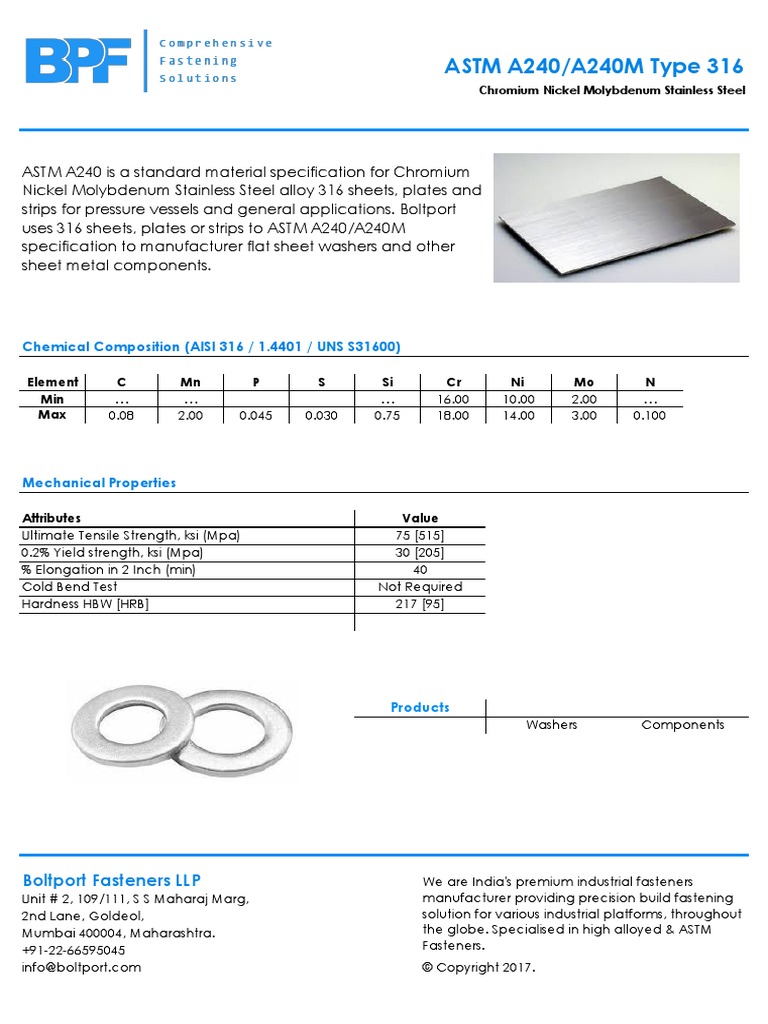 ASTM A240/A240M Type 316: Chemical Composition (AISI 316 / 1.4401 / UNS ...