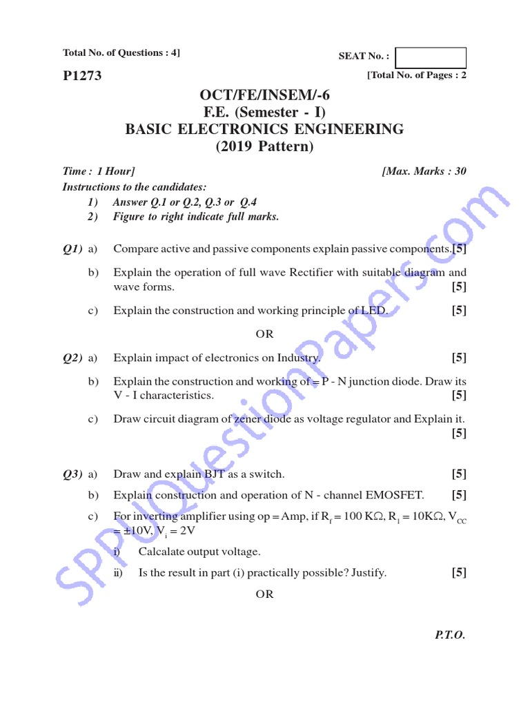 Be First Year Fe Engineering Semester 1 2019 October Basic Electronics Engineering Pattern 2019 ...