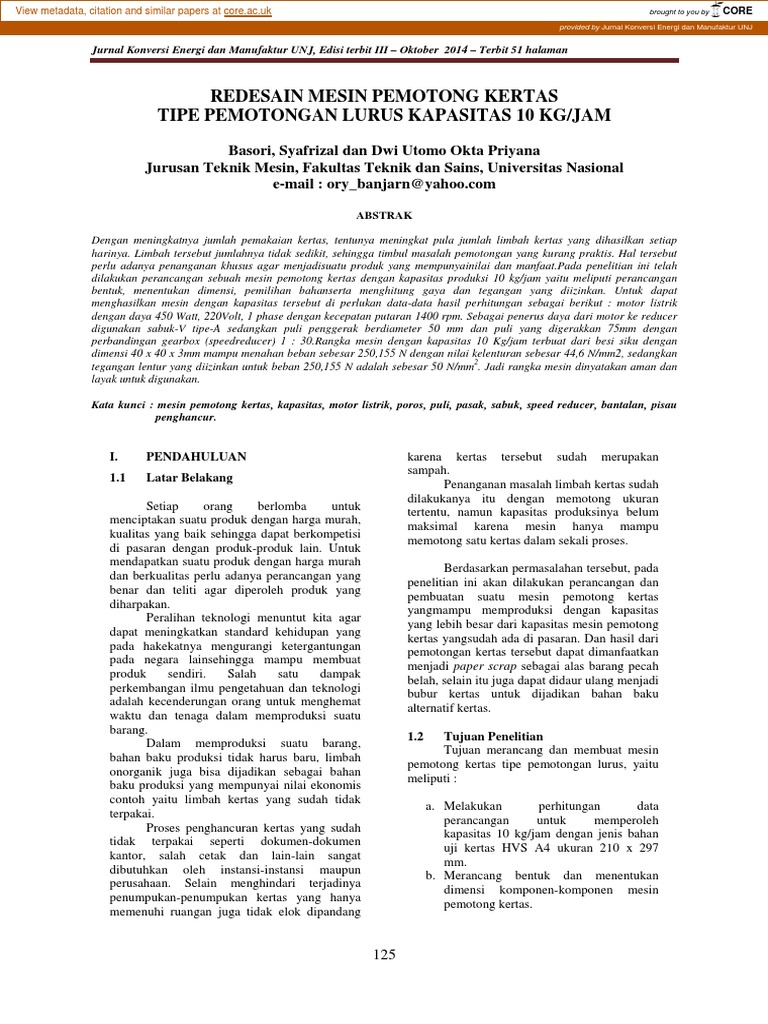 Redesain Mesin Pemotong Kertas 10 kg/jam | PDF