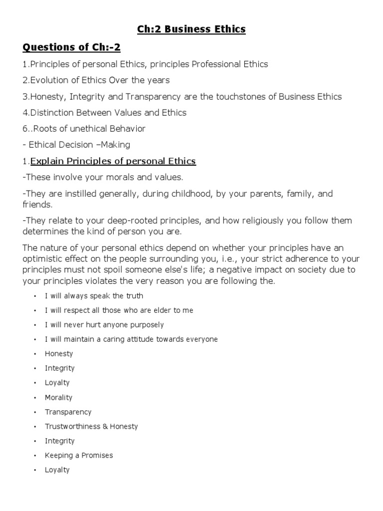 Ch:2 Business Ethics Questions of Ch:-2 | PDF | Integrity | Justice