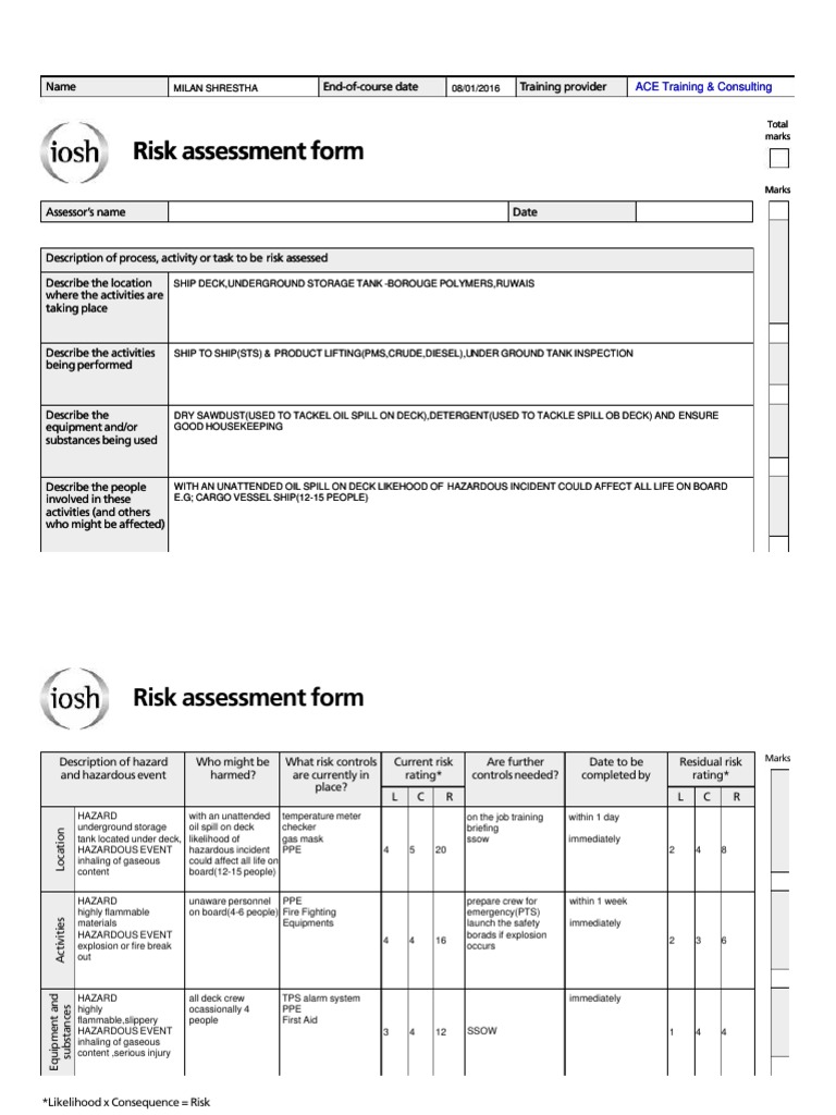 Risk Assessment Form Risk Assessment Form: ACE Training & Consulting ...