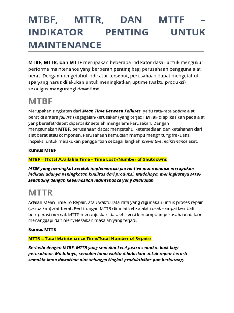 Indikator MTBF, MTTR, dan MTTF untuk Maintenance | PDF