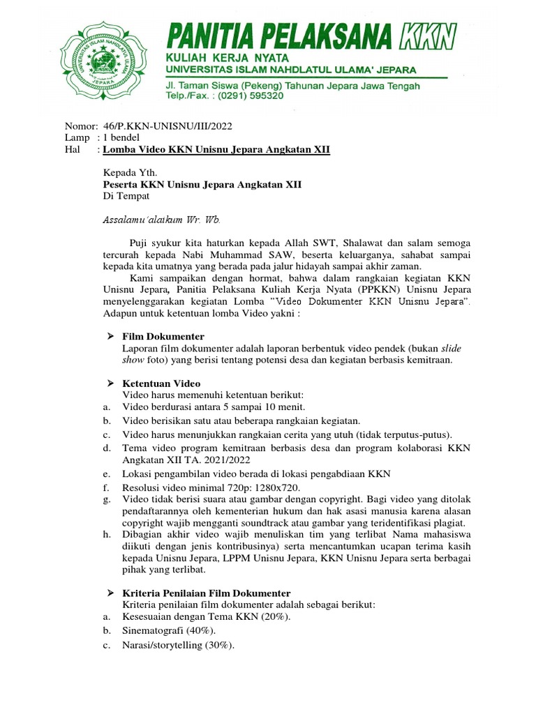 LPPM UNISNU 46 Surat Lomba Vido KKN | PDF