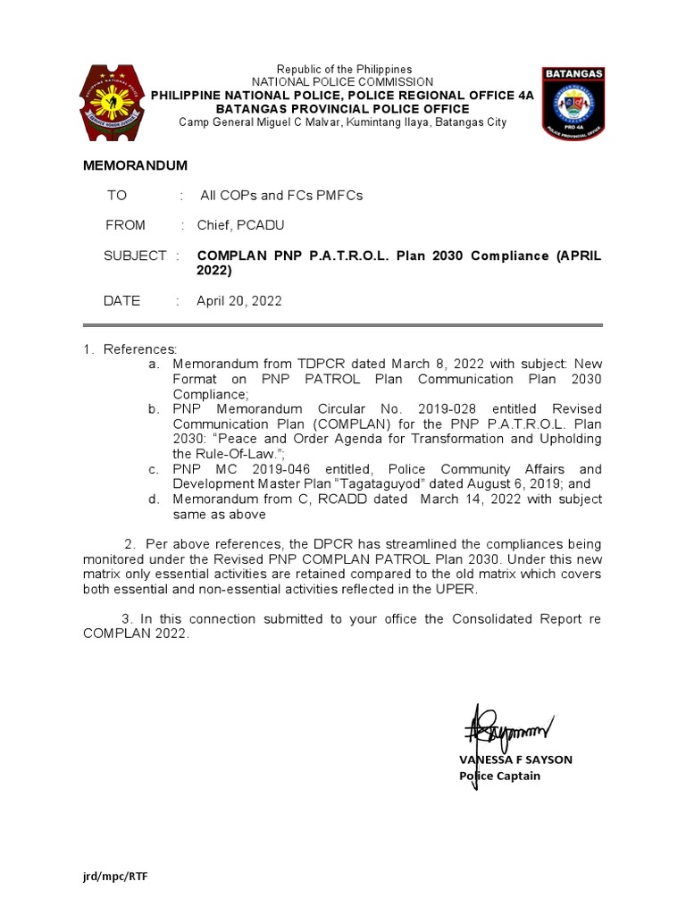 NEW FORMAT Consolidated Quarterly Report On COMPLAN PNP P.a.T.R.O.L ...