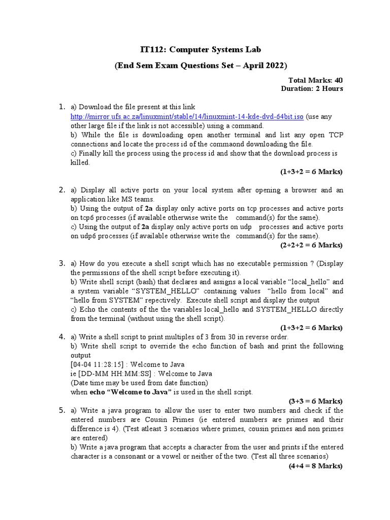 IT112: Computer Systems Lab (End Sem Exam Questions Set - April 2022) | PDF | Shell (Computing ...