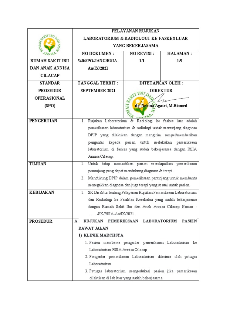 Spo Rujukan Pemeriksaan Lab & Radiologi Rsia Annisa Cilacap | PDF