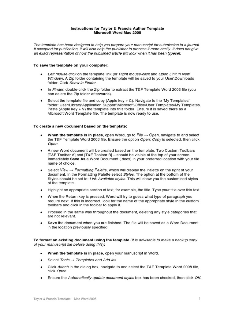 Instructions For Taylor & Francis Author Template Microsoft Word Mac ...