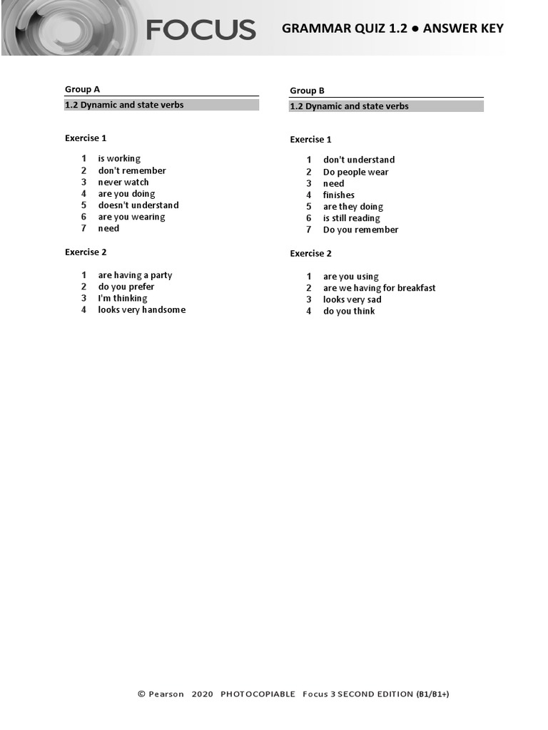 Grammar Quiz 1.2 Answer Key | PDF