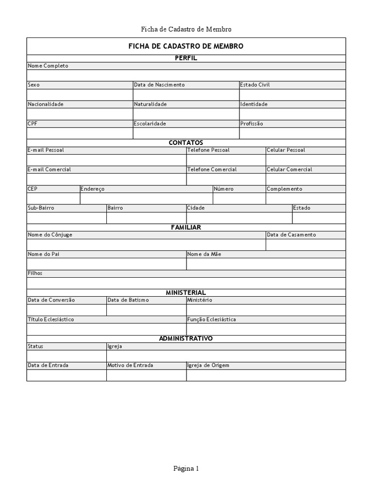Ficha de Cadastro de Membro: Perfil, Contatos, Familiar, Ministerial e ...