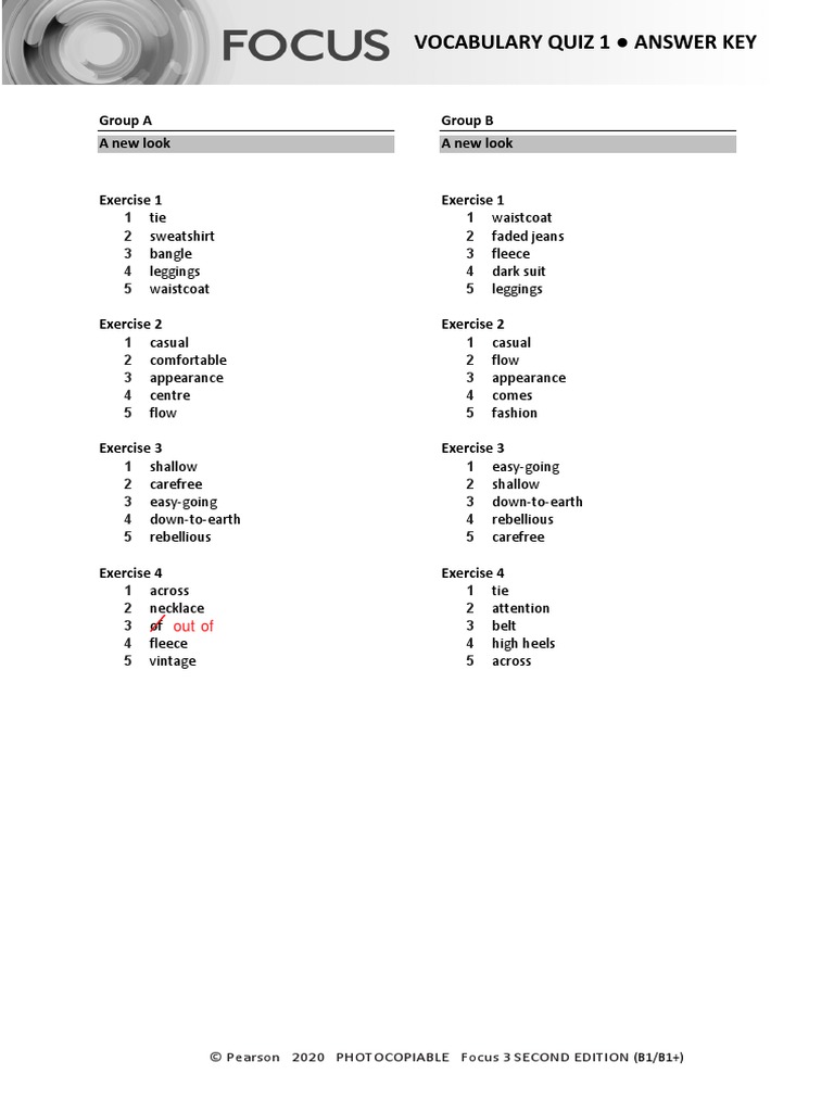 Vocabulary Quiz 1 Answer Key: Group A A New Look Exercise 1 Group B A ...