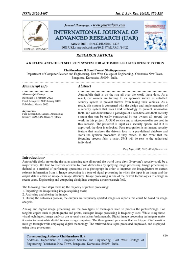 A Keyless Anti-Theft Security System For Automobiles Using Opencv ...