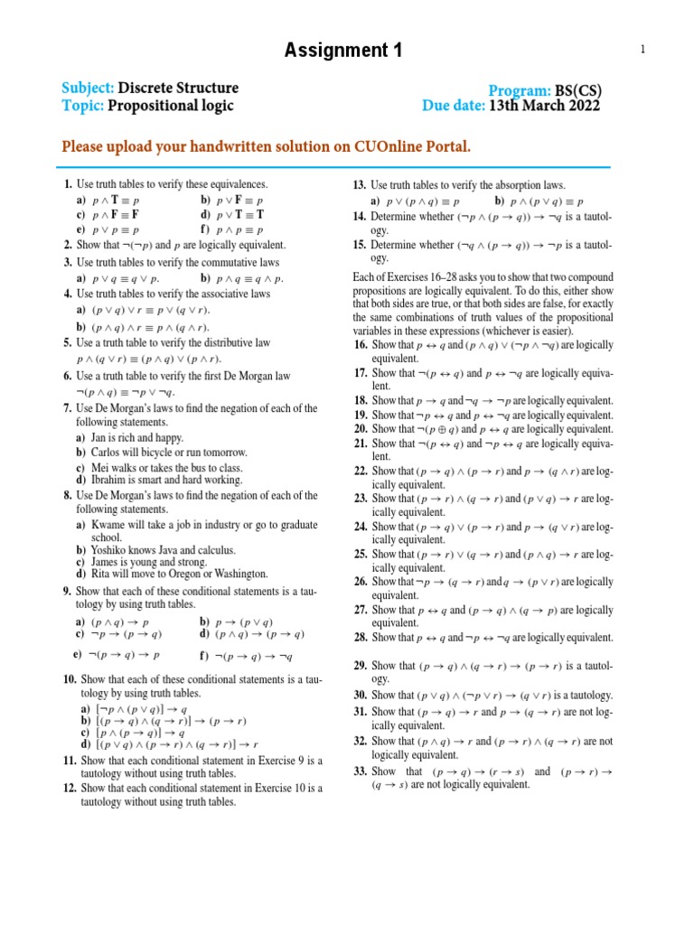 1st - Assignment - Propositional Logic | PDF | Mathematical Logic | Logical Expressions