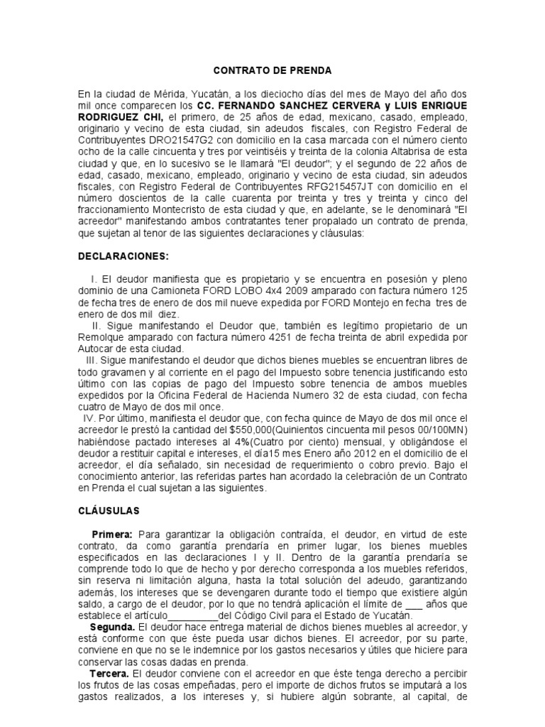 Contrato de Prenda | PDF | Pagos | Derecho privado