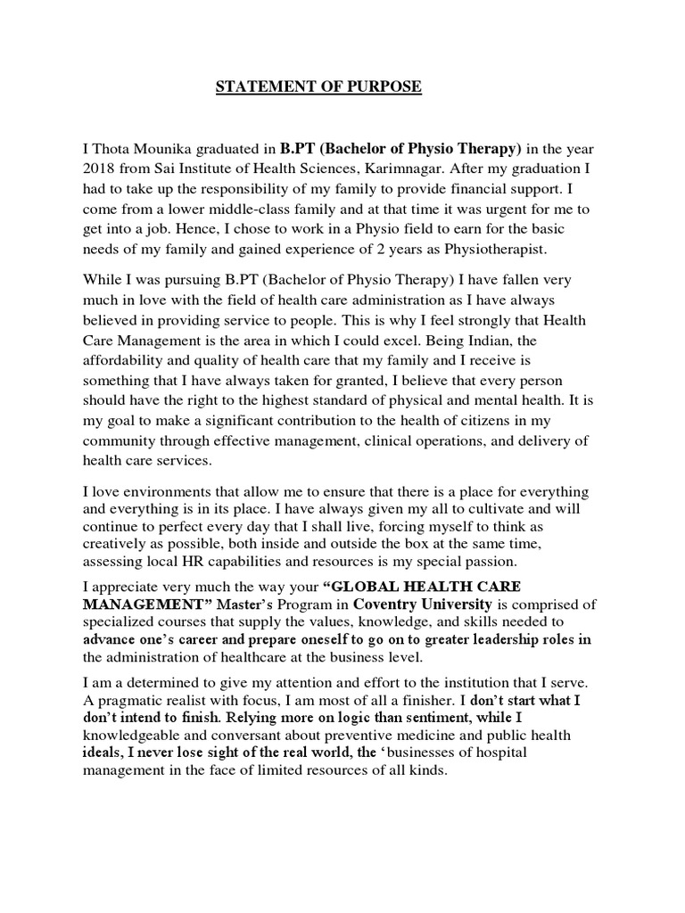 A Passion for Healthcare Administration: Statement of Purpose for ...