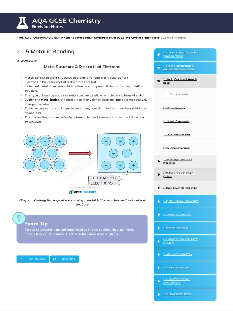 AQA GCSE Chemistry: 2.1.5 Metallic Bonding | PDF | Chemical Bond ...