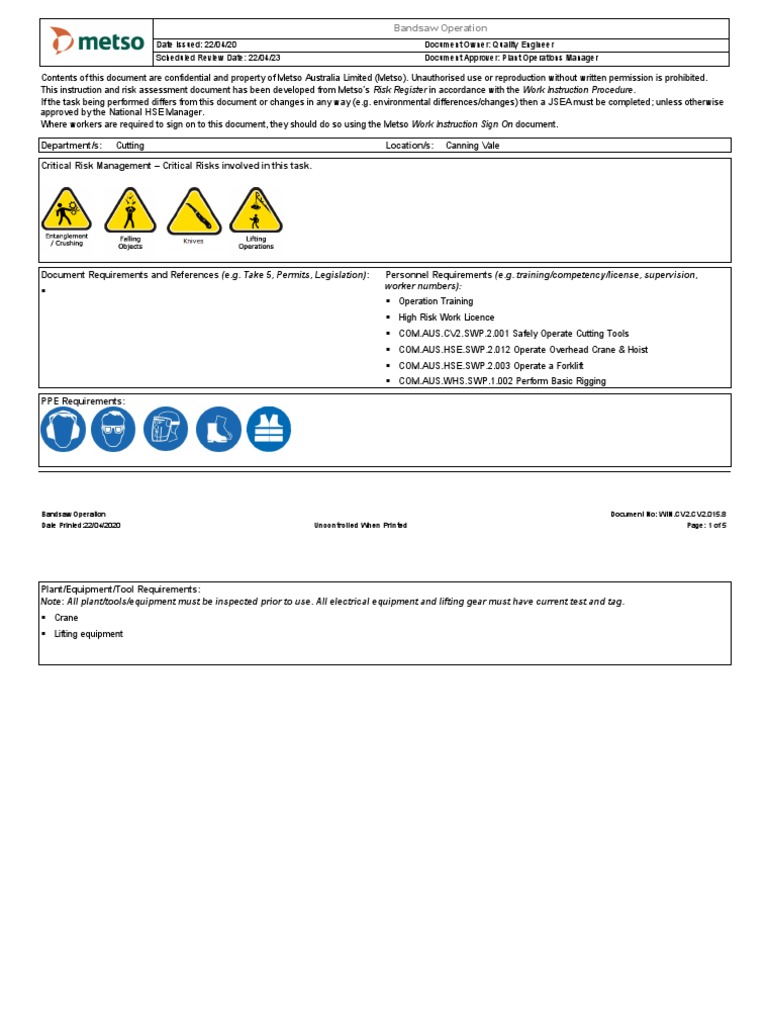 Work Instruction Template (Operational) | PDF | Safety
