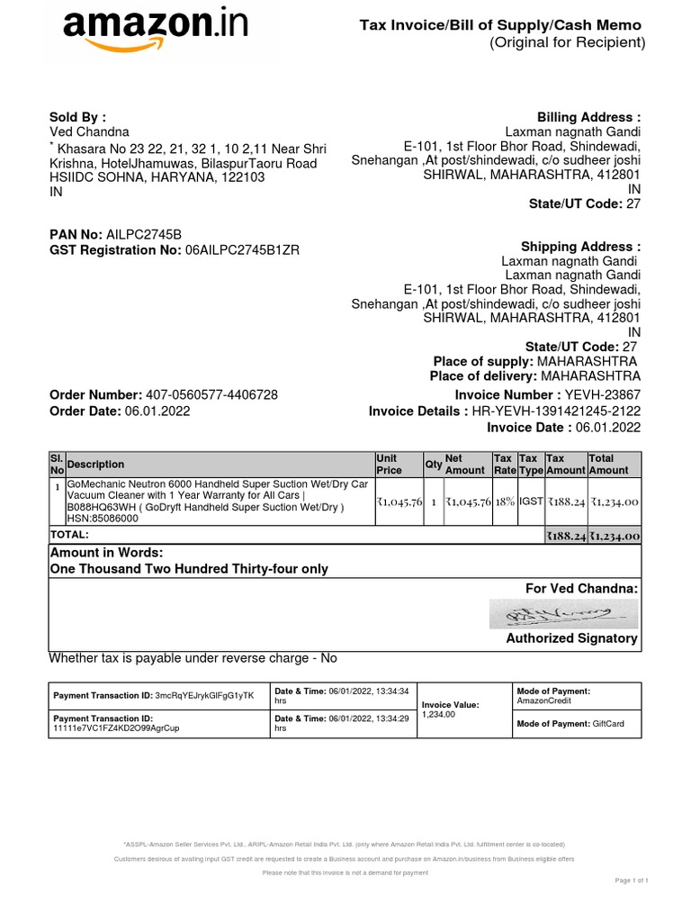 Tax Invoice for Car Vacuum Cleaner | PDF | Invoice | Value Added Tax