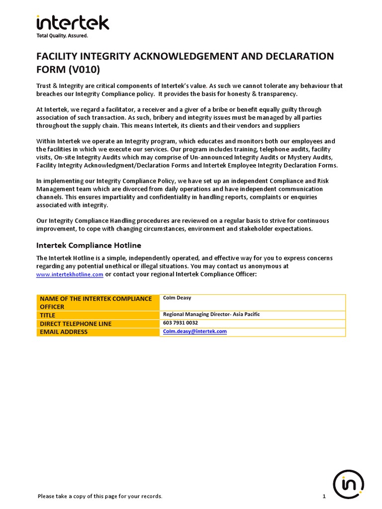 Facility Integrity Compliance Form | PDF | Audit | Cafeteria