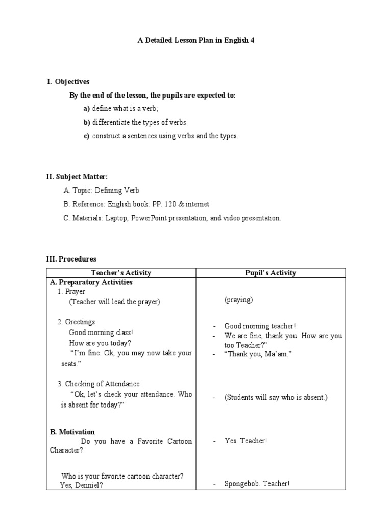 Detailed LP in English Grade 4 | PDF | Verb | Subject (Grammar)
