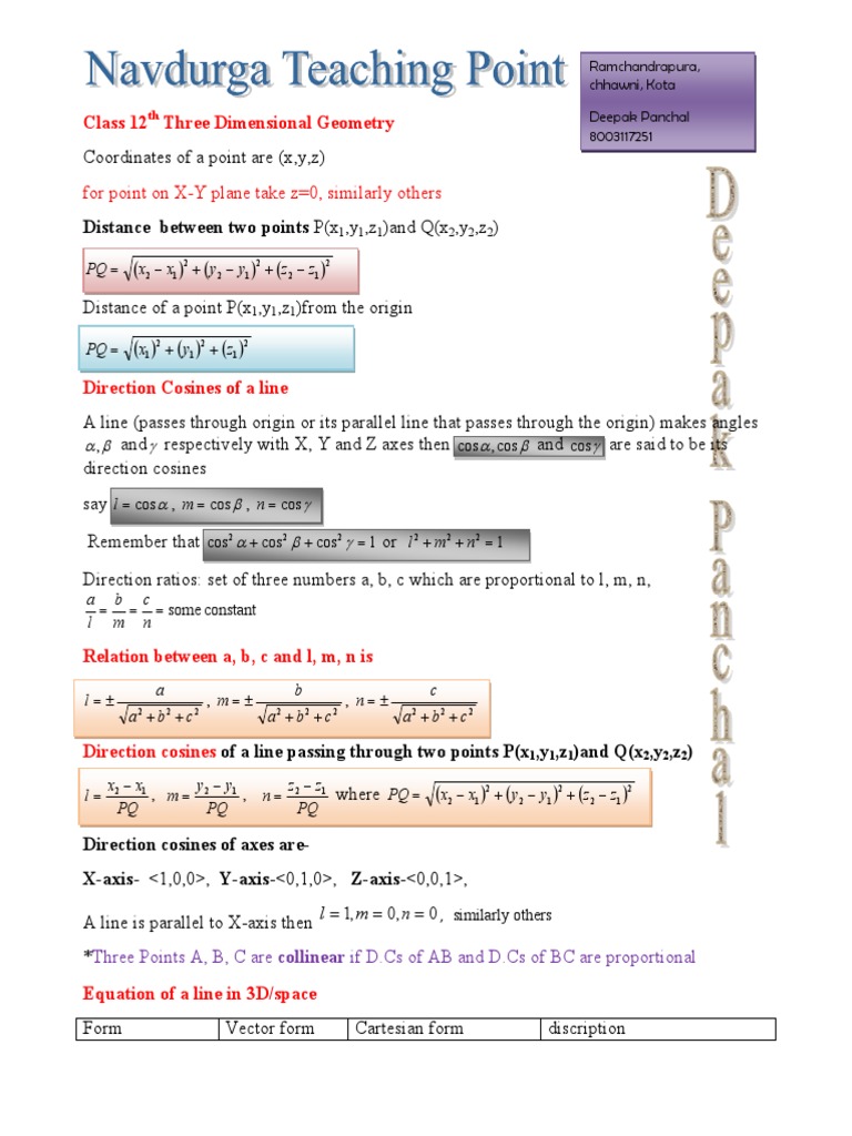 3D Geometry Formulae Class 12 | PDF | Plane (Geometry) | Trigonometric ...
