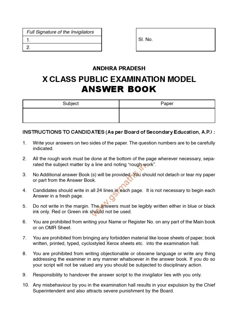 Answer Book: X Class Public Examination Model | PDF