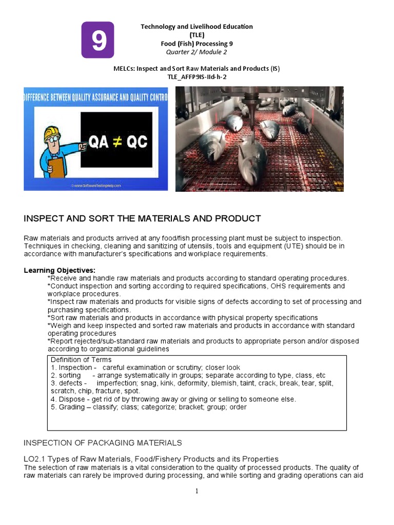 Inspect and Sort The Materials and Product: Technology and Livelihood ...
