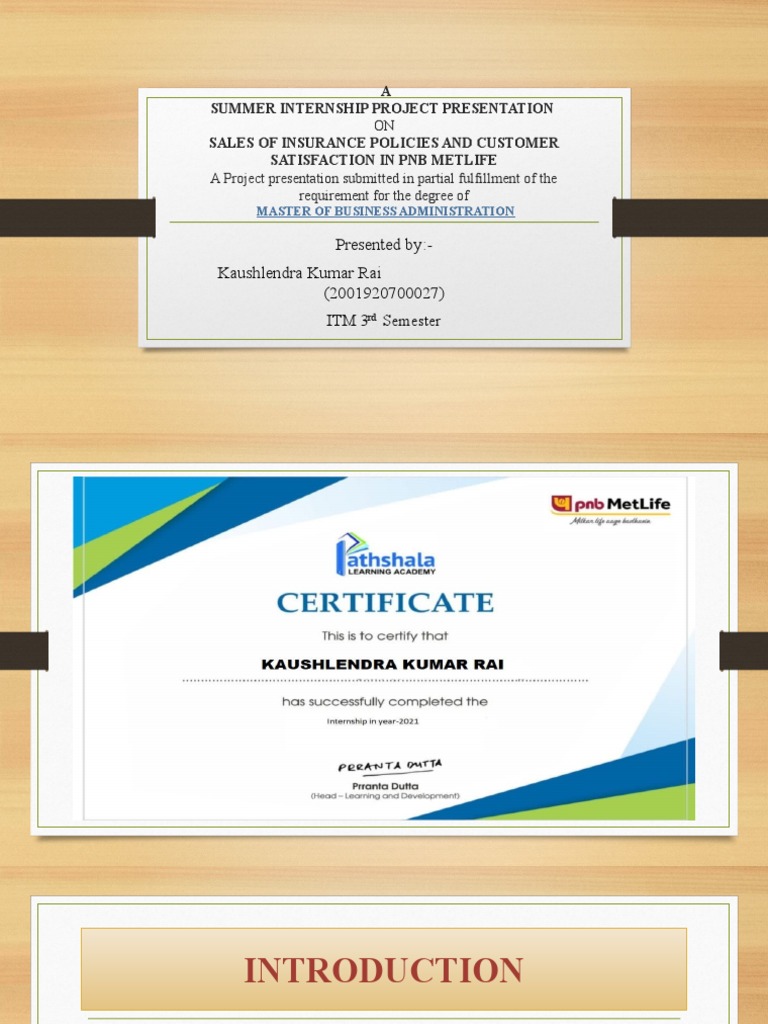 A Summer Internship Project Presentation Sales of Insurance Policies ...