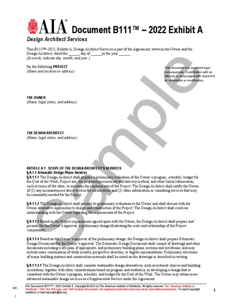 Document B111™ - 2022 Exhibit A: Design Architect Services | PDF ...